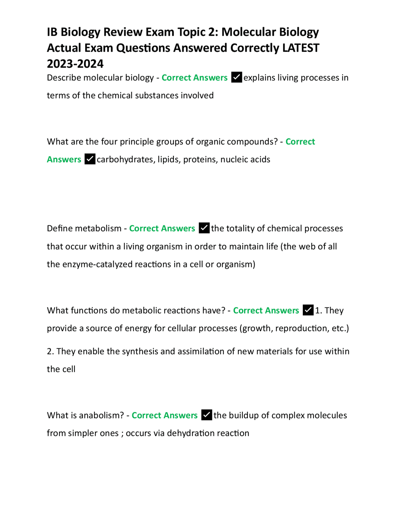 IB Biology Review Exam Topic 2 Molecular Biology Actual Exam Questions ...