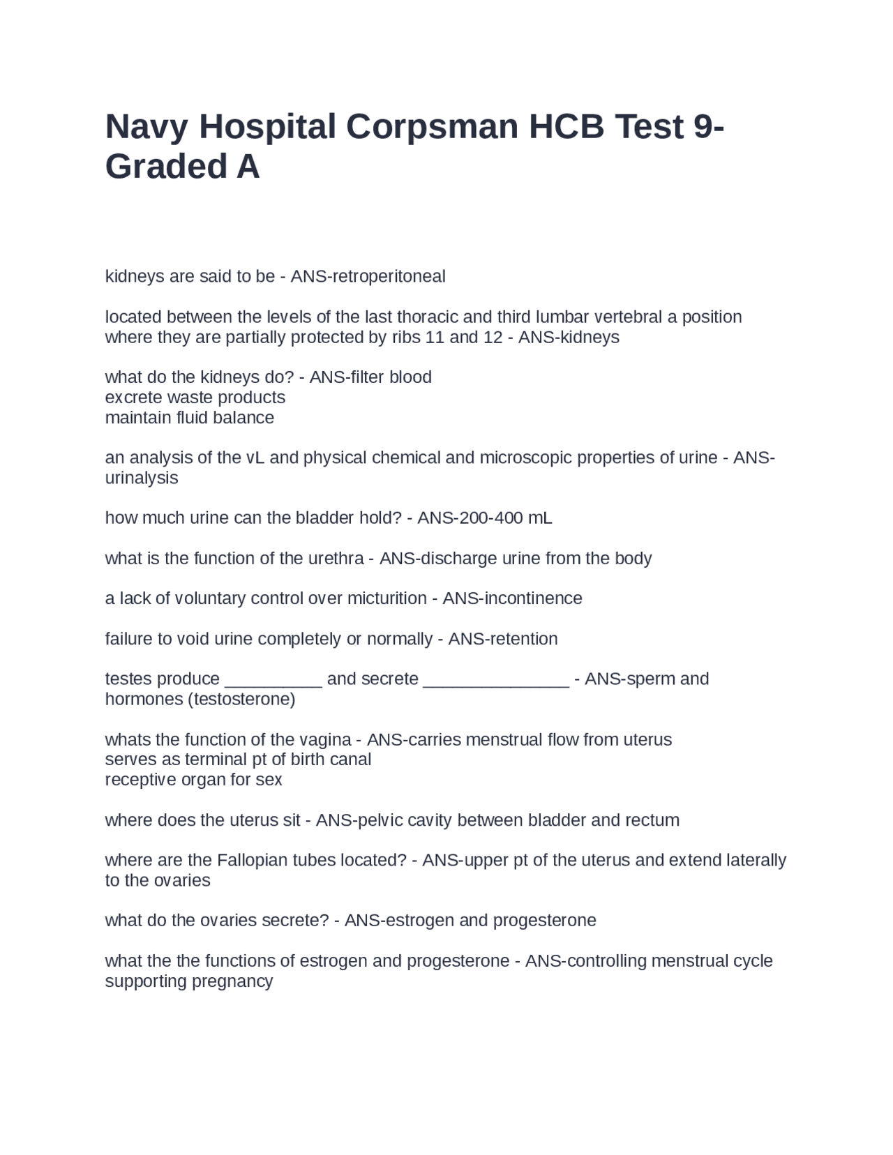 Navy Hospital Corpsman HCB Test 9-Graded A | Exams Advanced Education ...