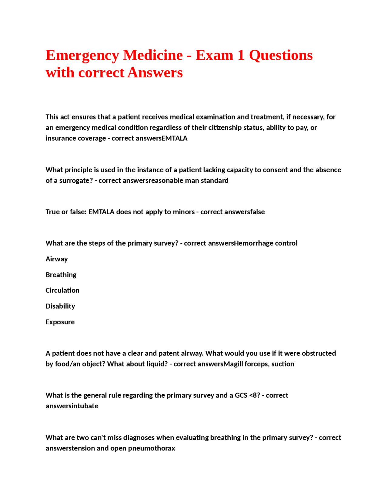 Emergency Medicine - Exam 1 Questions with correct Answers | Exams ...
