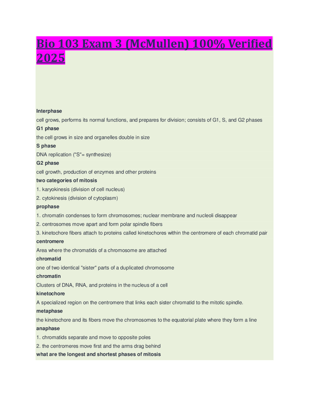 Bio 103 Exam 3 Study Guide: Cell Division, Plant Reproduction, and ...