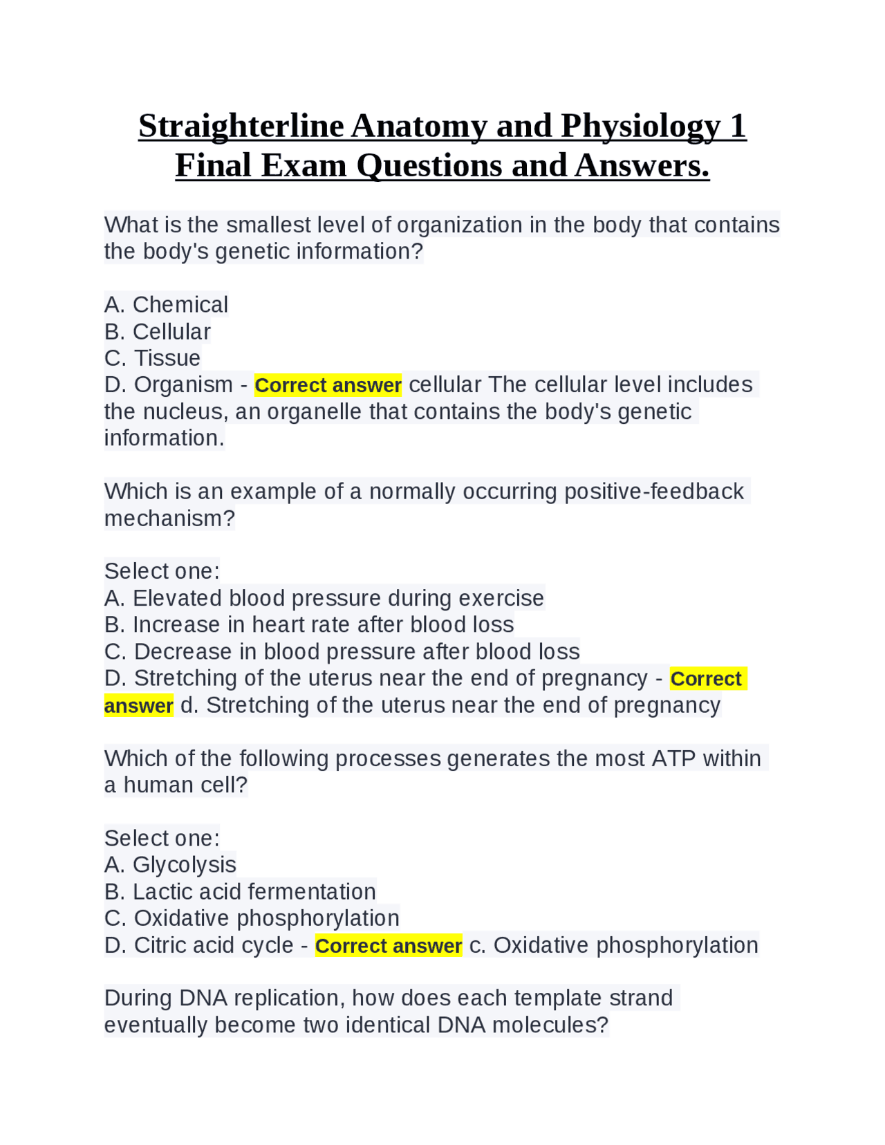 Straighterline Anatomy and Physiology 1 Final Exam Questions and ...
