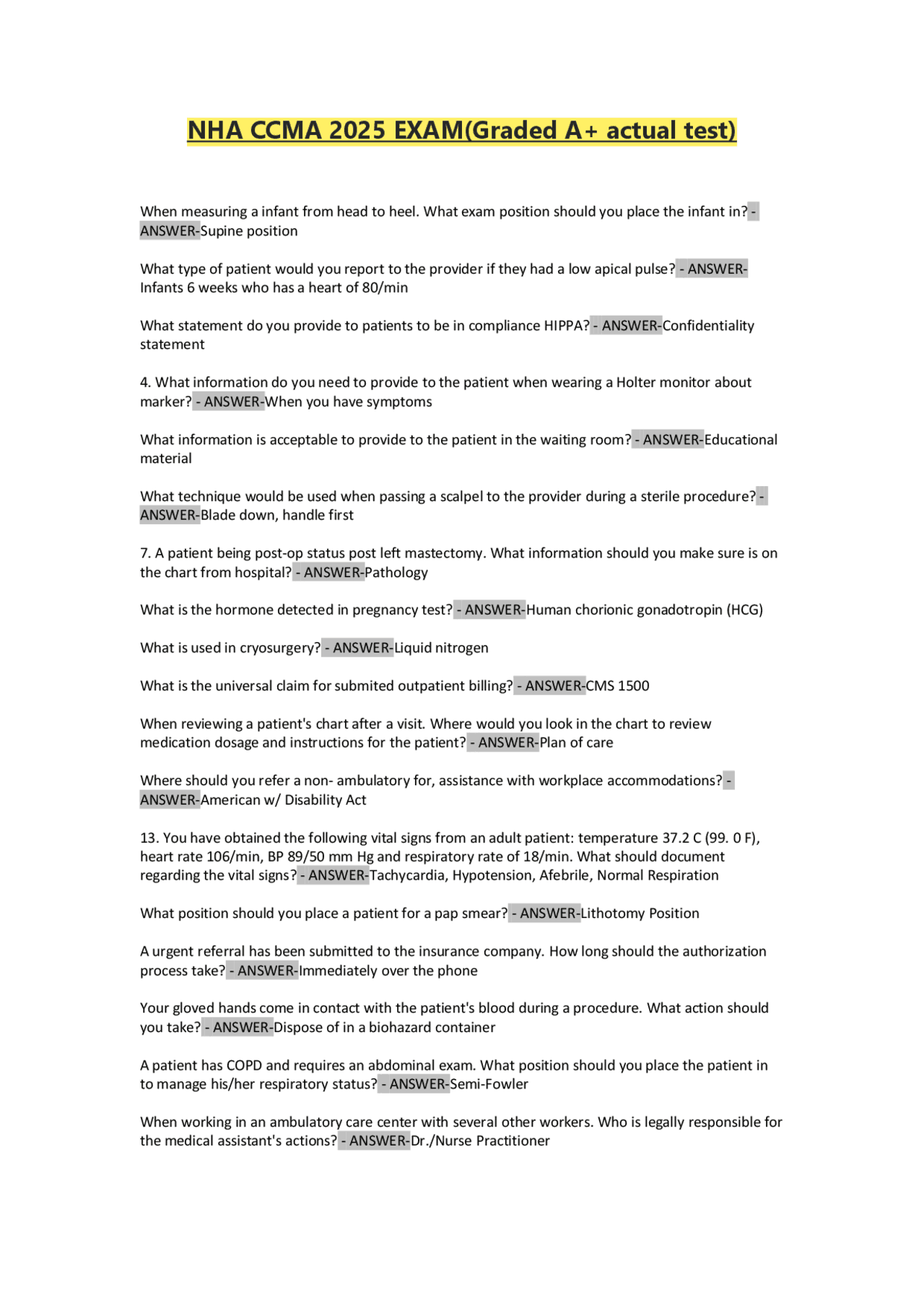 NHA CCMA 2025 EXAM (Graded A+ actual test) | Exams Health sciences ...