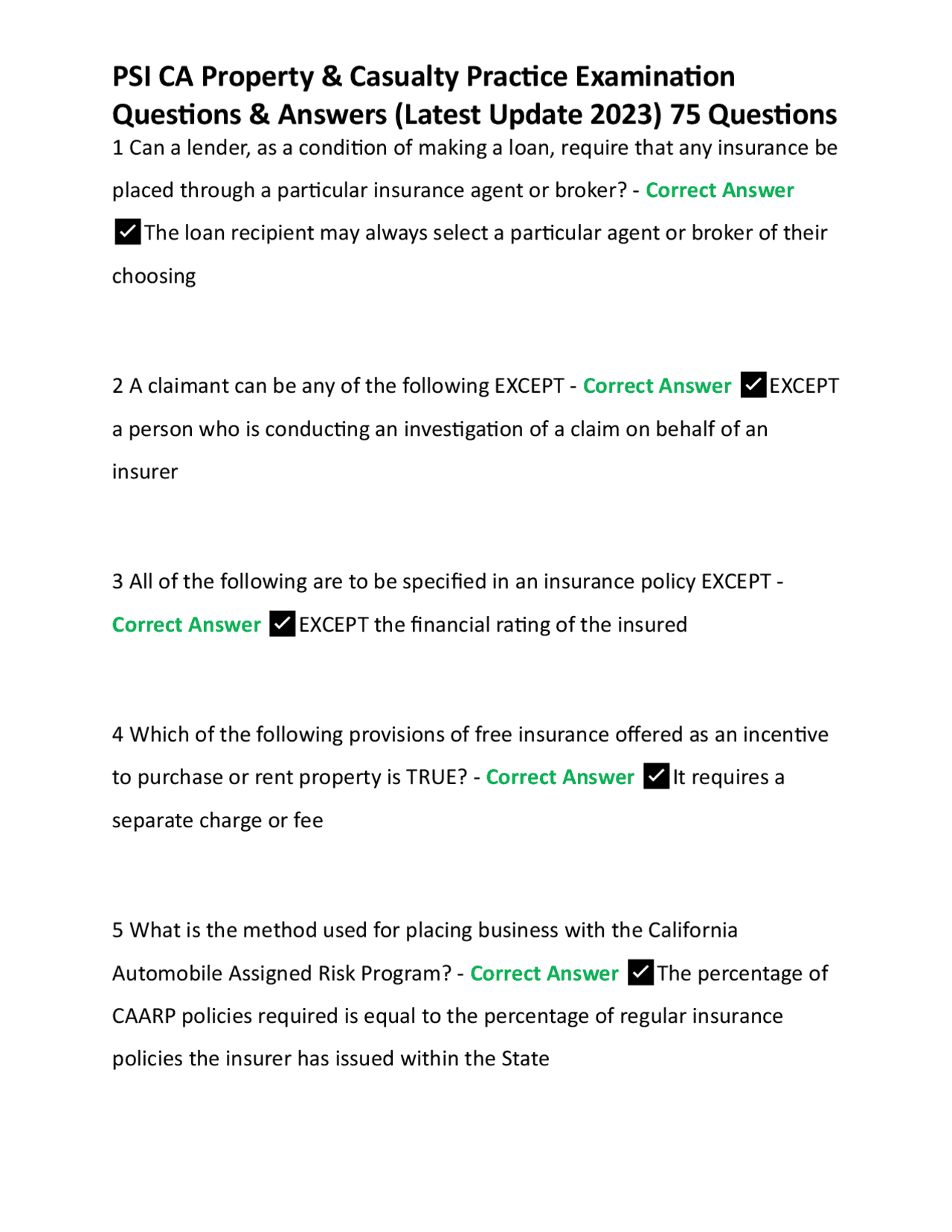 PSI CA Property & Casualty Practice Examination Questions & Answers ...