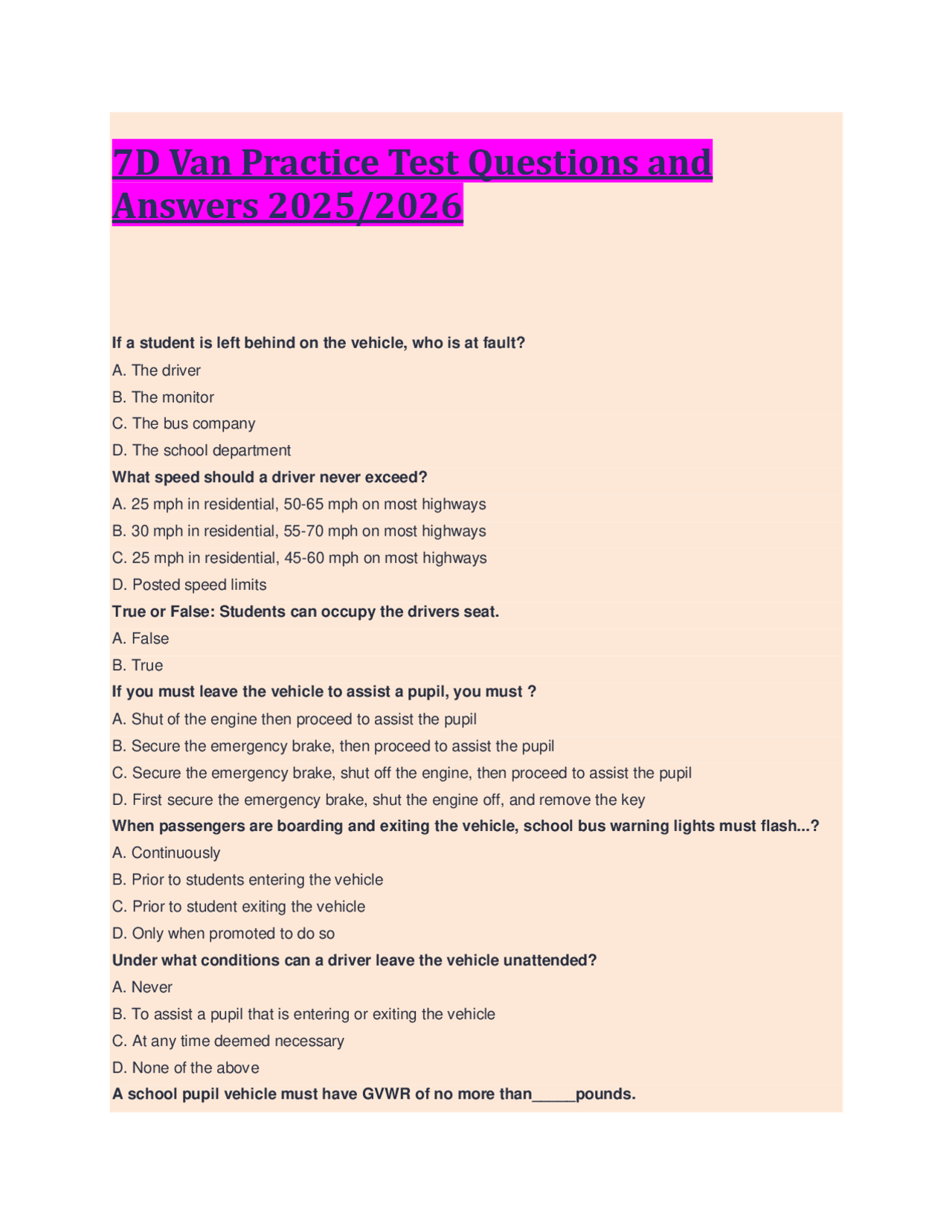 7D Van Practice Test Questions and Answers 2025/2026 | Exams Law | Docsity