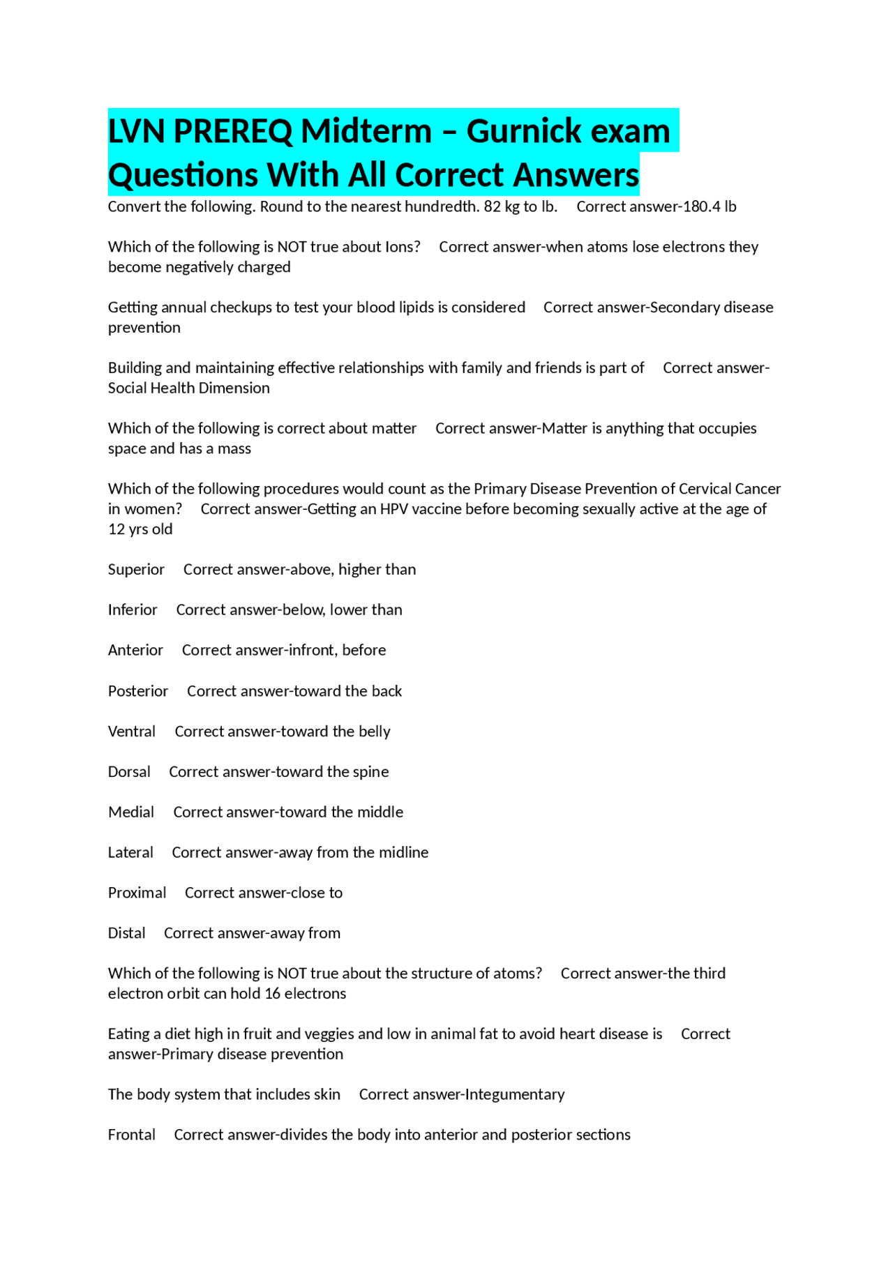 LVN PREREQ Midterm – Gurnick exam Questions With All Correct Answers ...