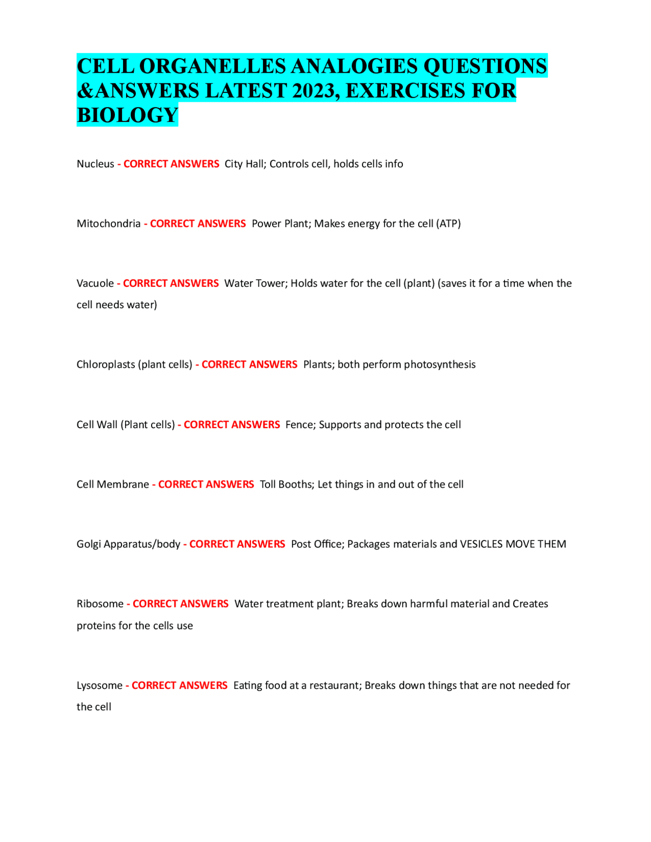 Cell Organelles Analogies: A Biology Study Guide with Questions and ...