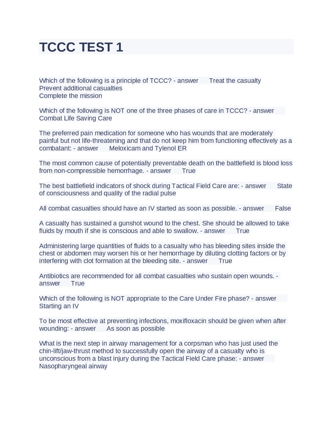 Tactical Combat Casualty Care (TCCC) Exam Questions and Answers | Exams ...