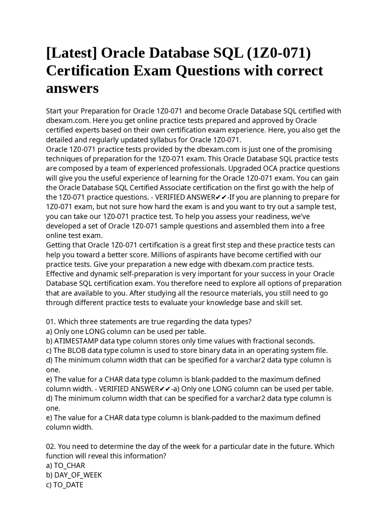 Oracle Database SQL Certification (1Z0-071) Exam Practice Questions | Exams Database Management ...