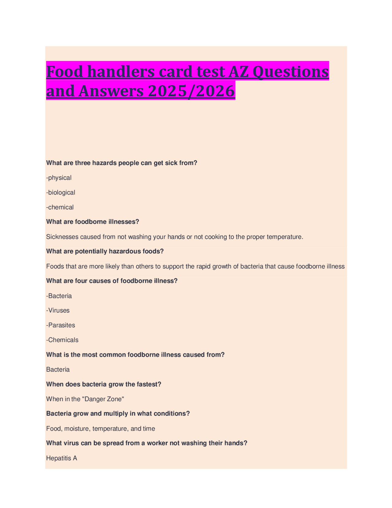 Food handlers card test AZ Questions and Answers 2025/2026 | Exams Food ...