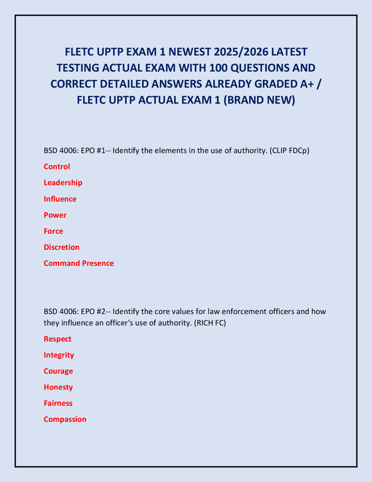 FLETC UPTP EXAM 1 NEWEST 2025/2026 LATEST TESTING ACTUAL EXAM WITH 100 ...