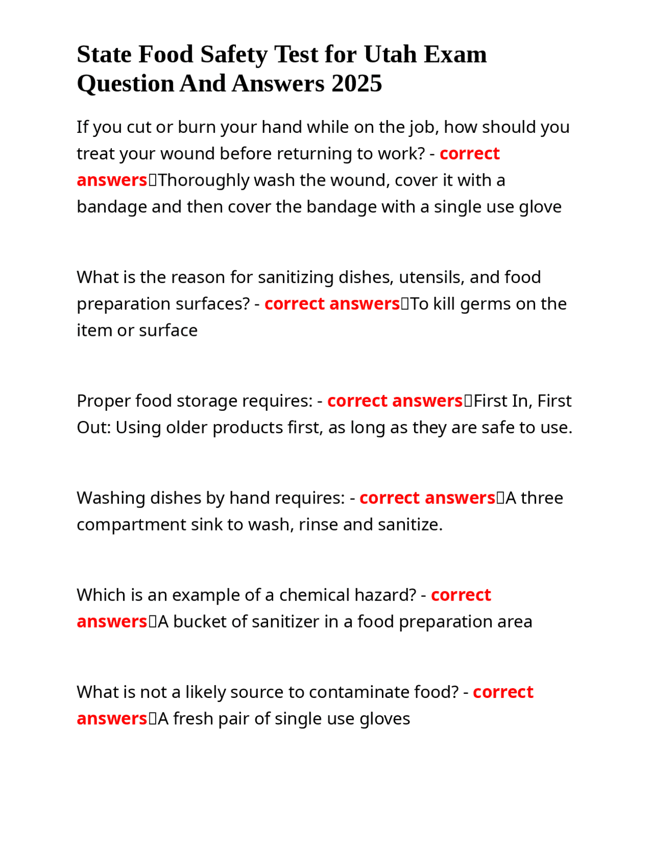 Utah State Food Safety Exam: Questions and Answers | Exams Nursing ...