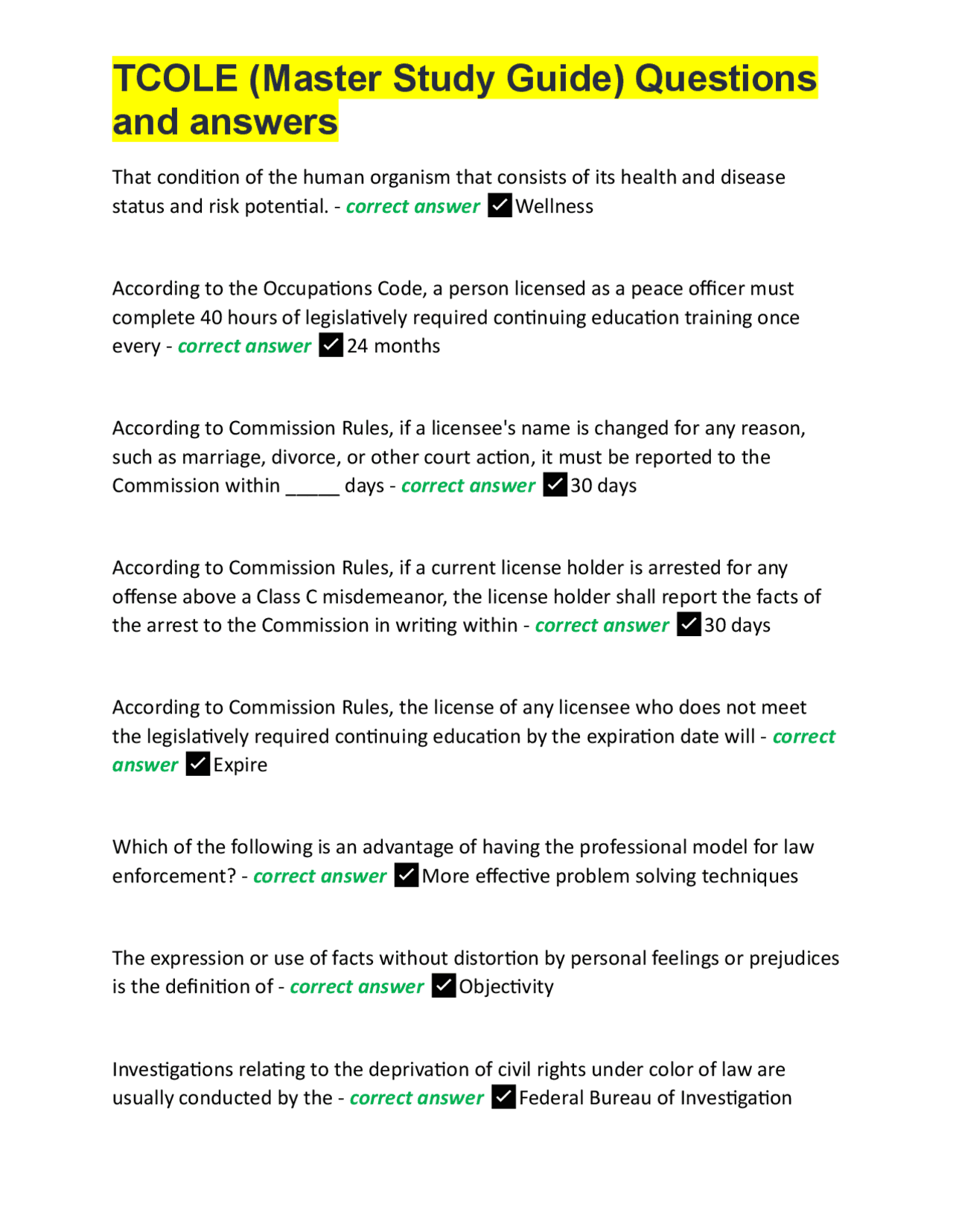 TCOLE (Master Study Guide) Questions and answers | Exams Nursing | Docsity