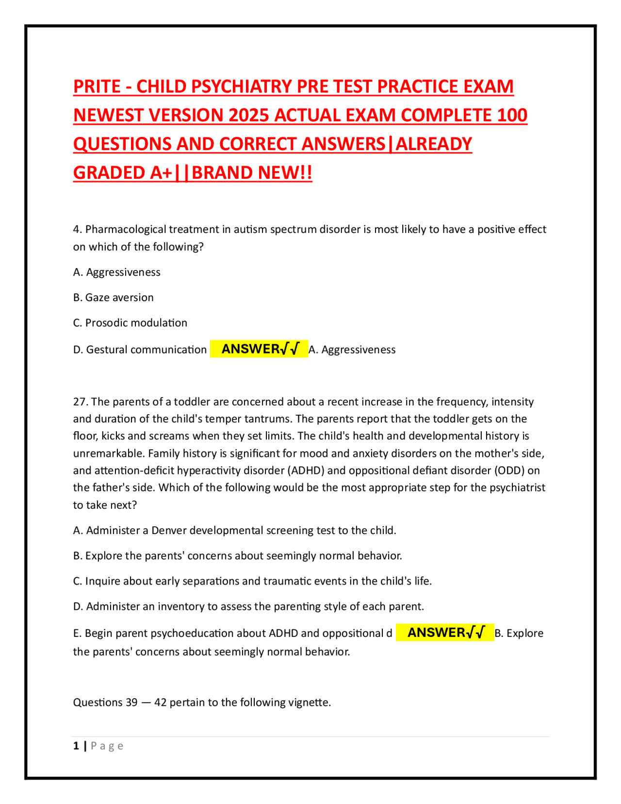 PRITE - CHILD PSYCHIATRY PRE TEST PRACTICE EXAM NEWEST VERSION 2025 ...