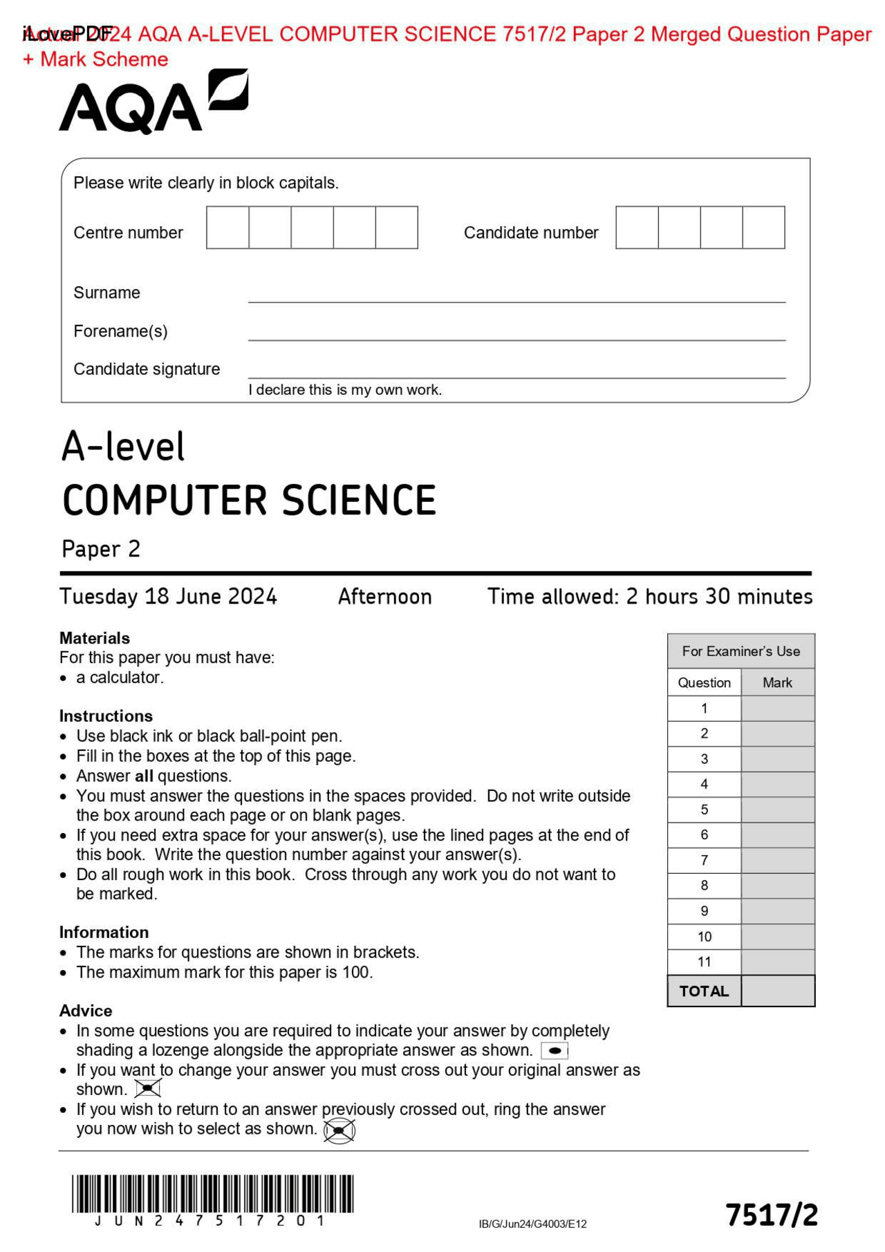 Actual 2024 AQA A-LEVEL COMPUTER SCIENCE 7517/2 Paper 2 Merged Question Paper + Mark Sche ...