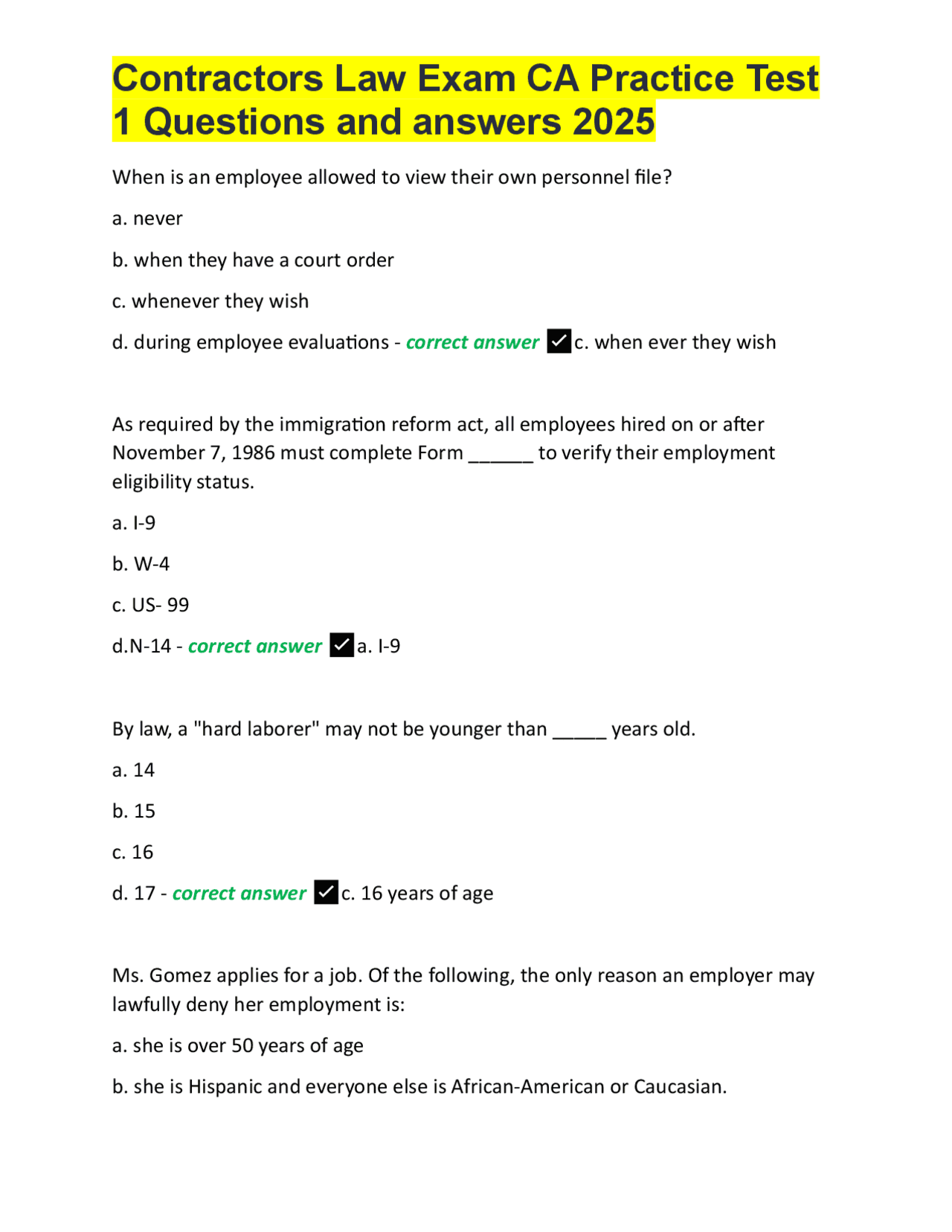 Contractors Law Exam CA Practice Test 1 Questions and answers 2025 ...