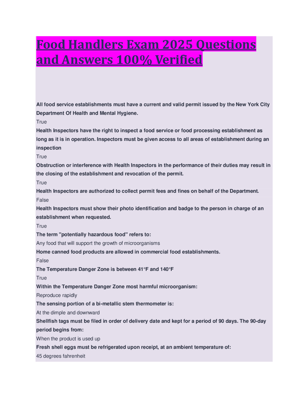Food Handlers Exam 2025 Questions and Answers 100% Verified | Exams ...