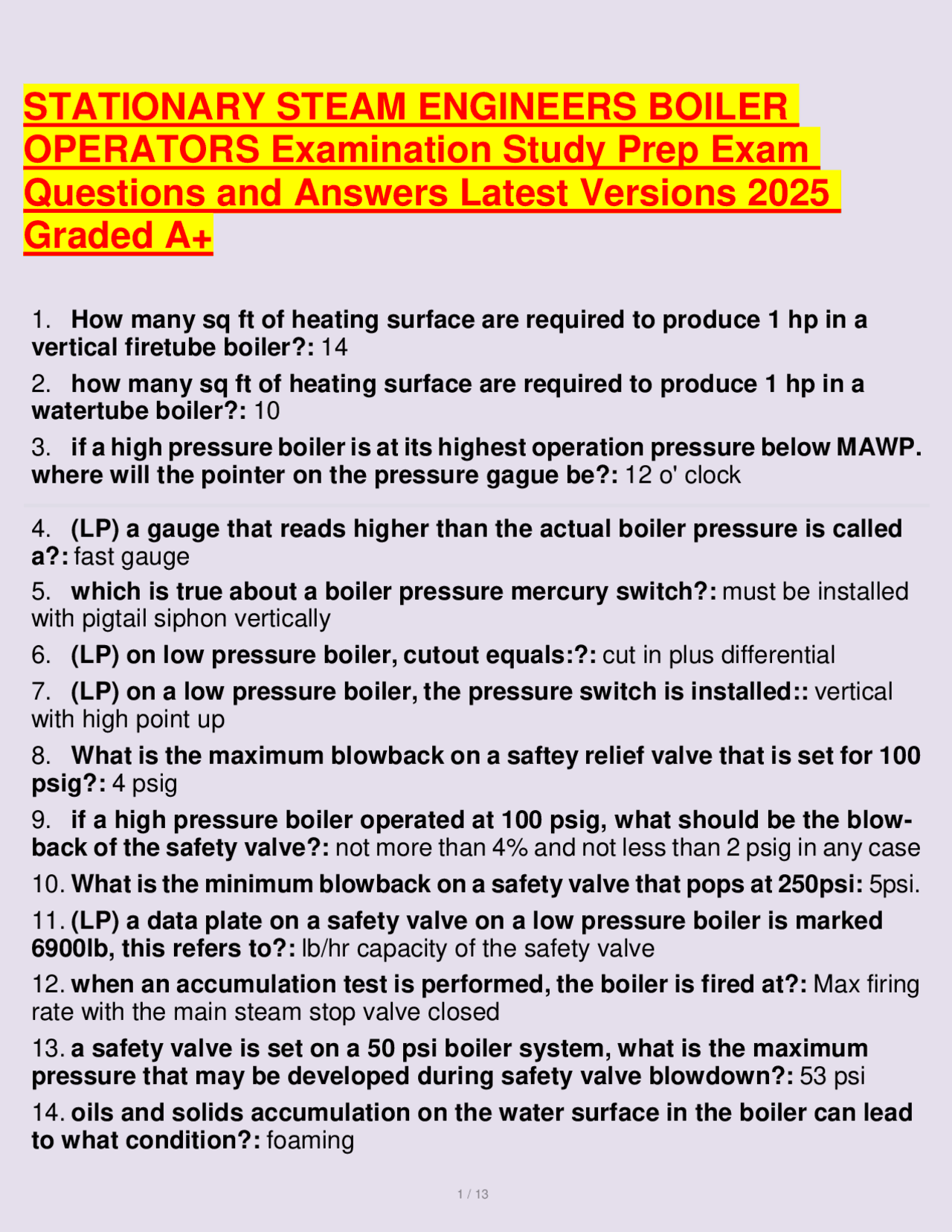STATIONARY STEAM ENGINEERS BOILER OPERATORS Examination Study Prep Exam ...