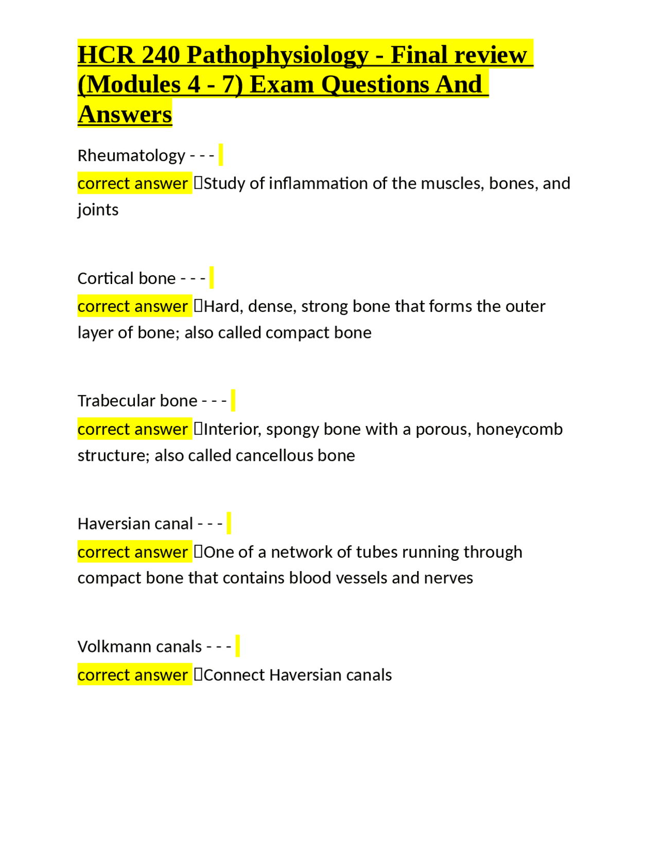 HCR 240 Pathophysiology Final Review: Musculoskeletal and Digestive ...