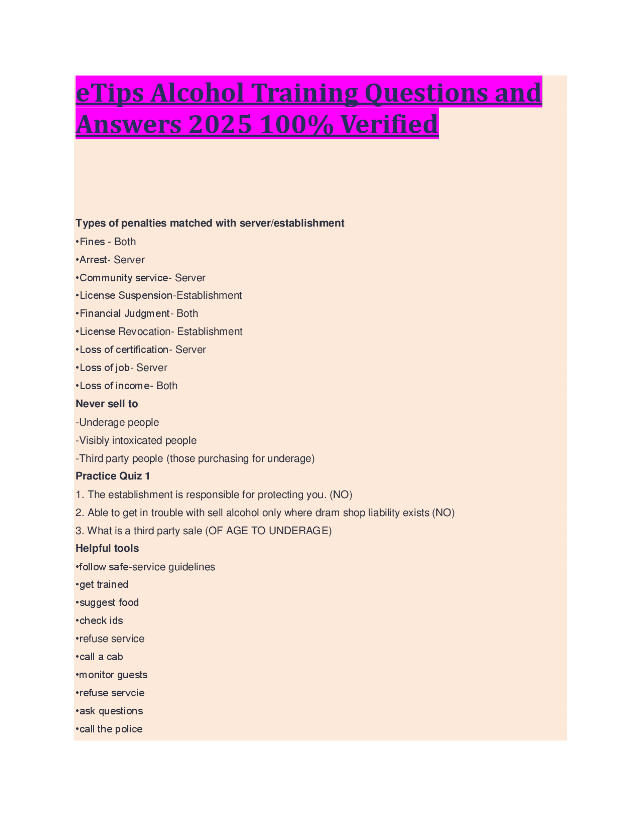 eTips Alcohol Training Questions and Answers 2025 100% Verified | Exams ...
