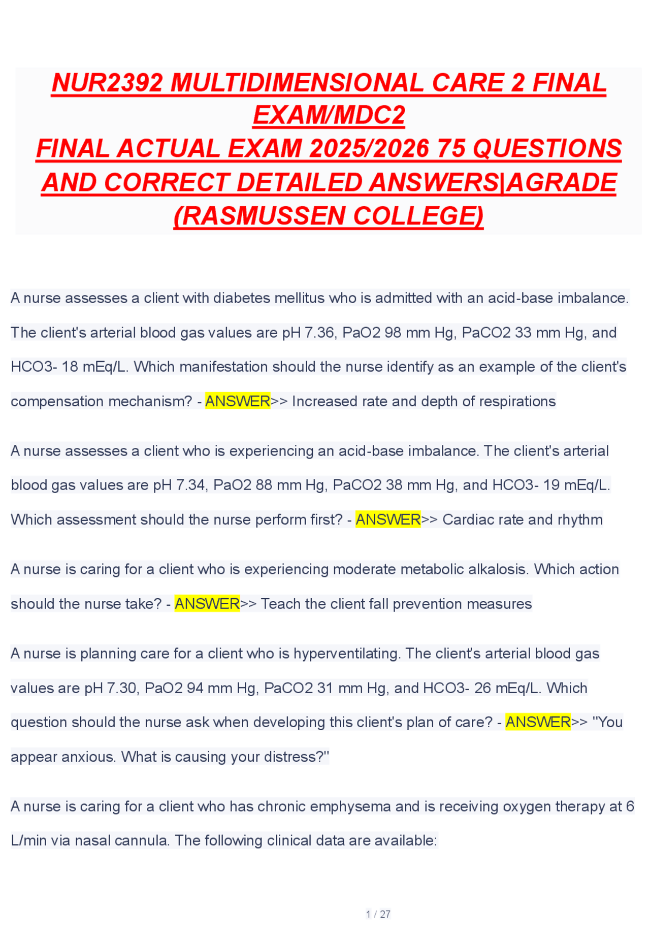 NUR2392 MULTIDIMENSIONAL CARE 2 FINAL EXAM/MDC2 FINAL ACTUAL EXAM 2025/2026 75 QUESTIONS | Exams ...