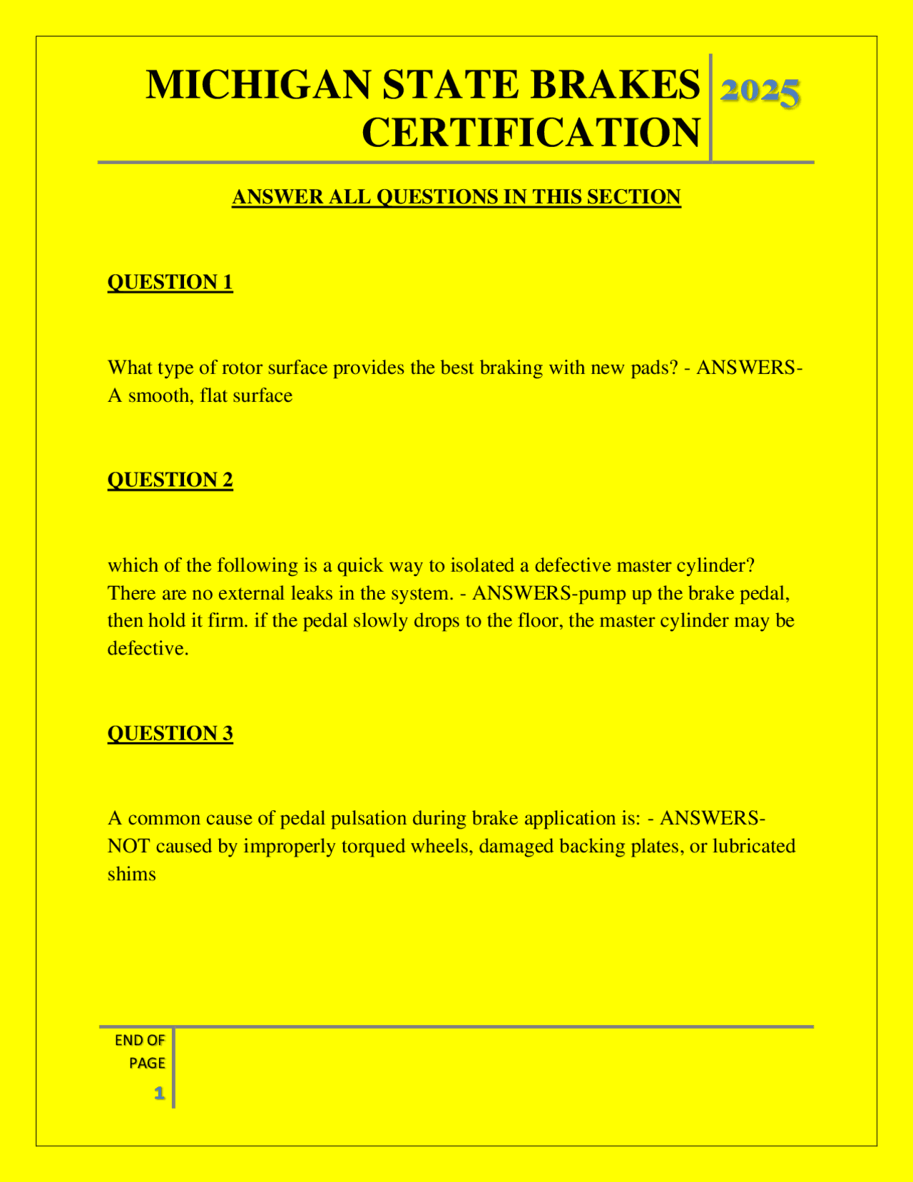 MICHIGAN STATE BRAKES CERTIFICATION QUESTIONS AND ANSWERS 2025 | Exams ...