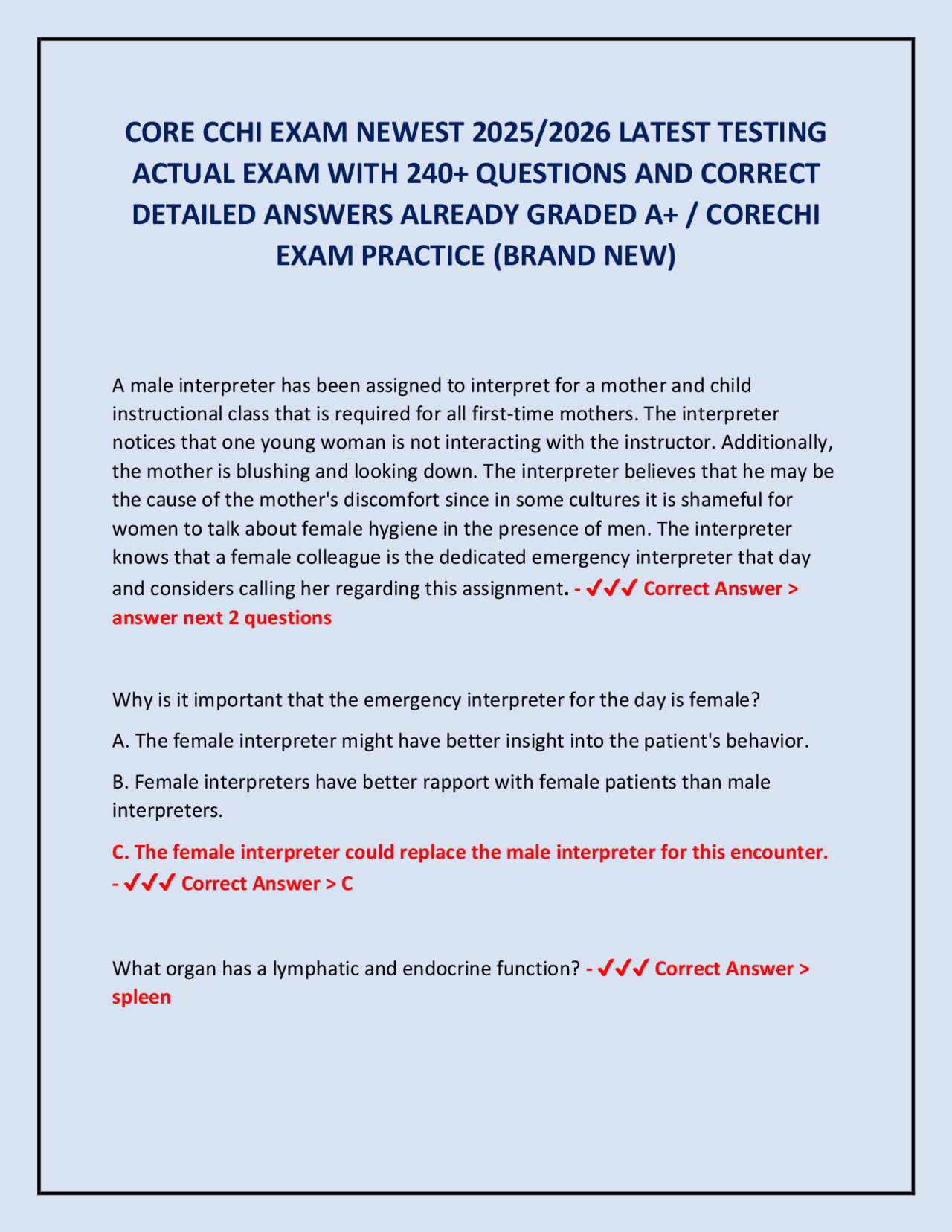 CORE CCHI EXAM NEWEST 2025/2026 LATEST TESTING ACTUAL EXAM WITH 240 ...