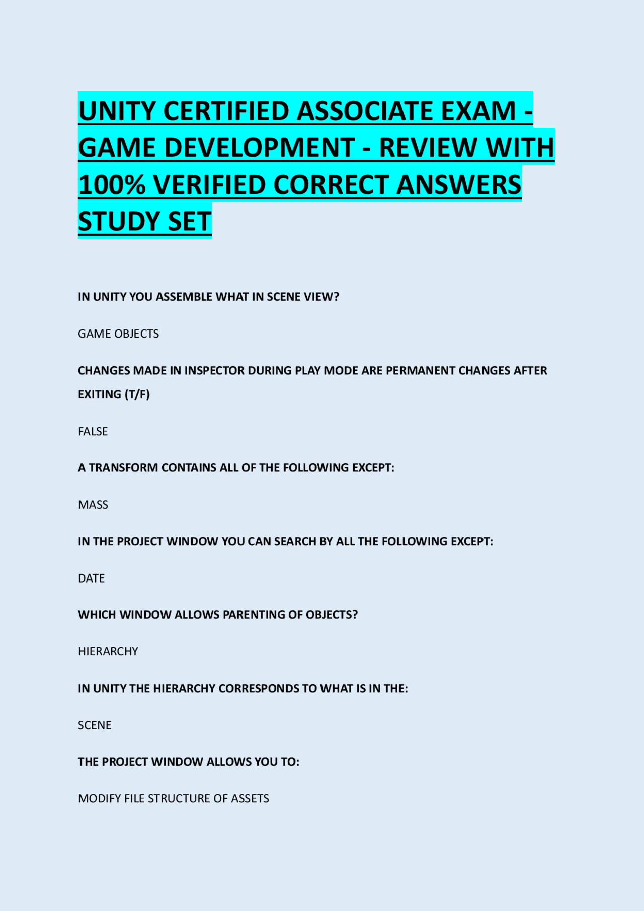 Unity Certified Associate Exam Game Development Review With 100 Verified Correct Exams