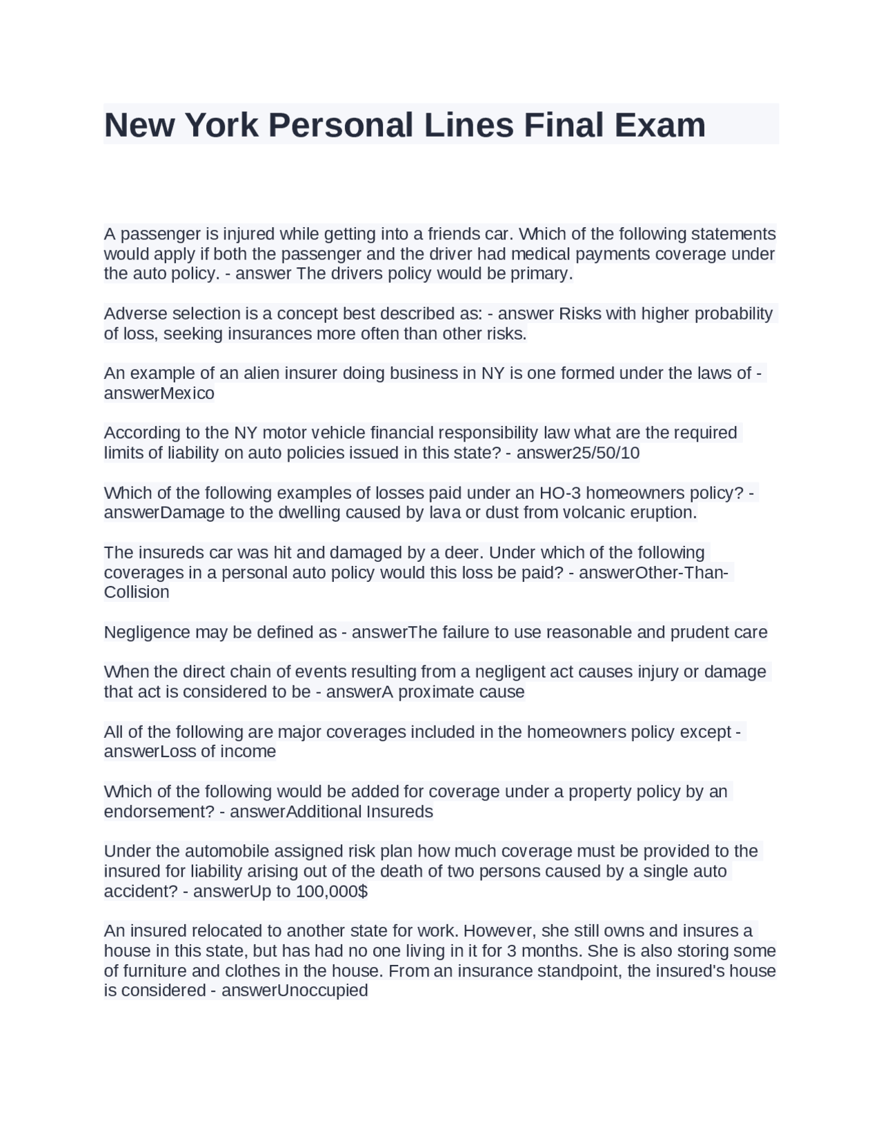 New York Personal Lines Final Exam Questions and Answers 100% Correct ...
