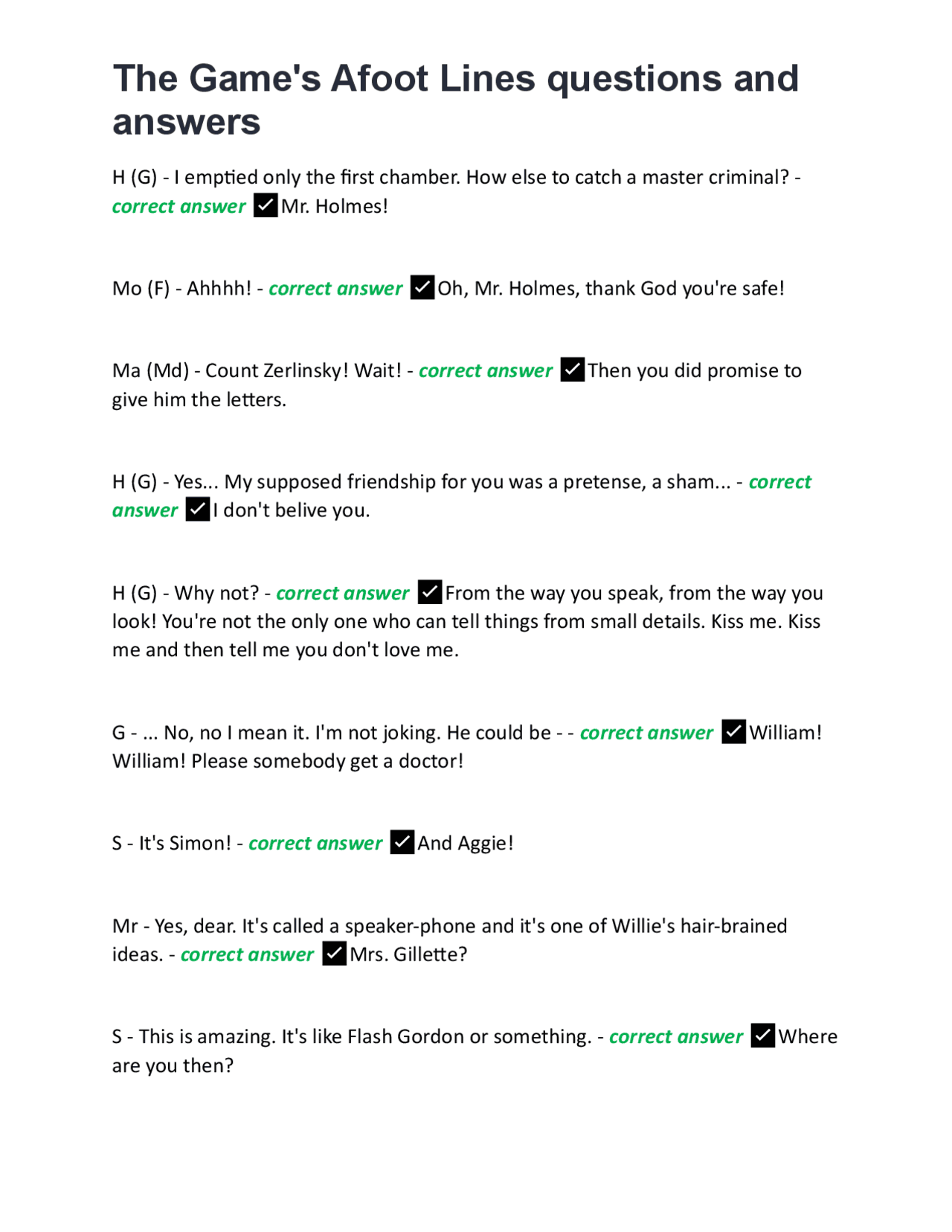 The Game's Afoot Lines questions and answers | Exams Game Theory | Docsity