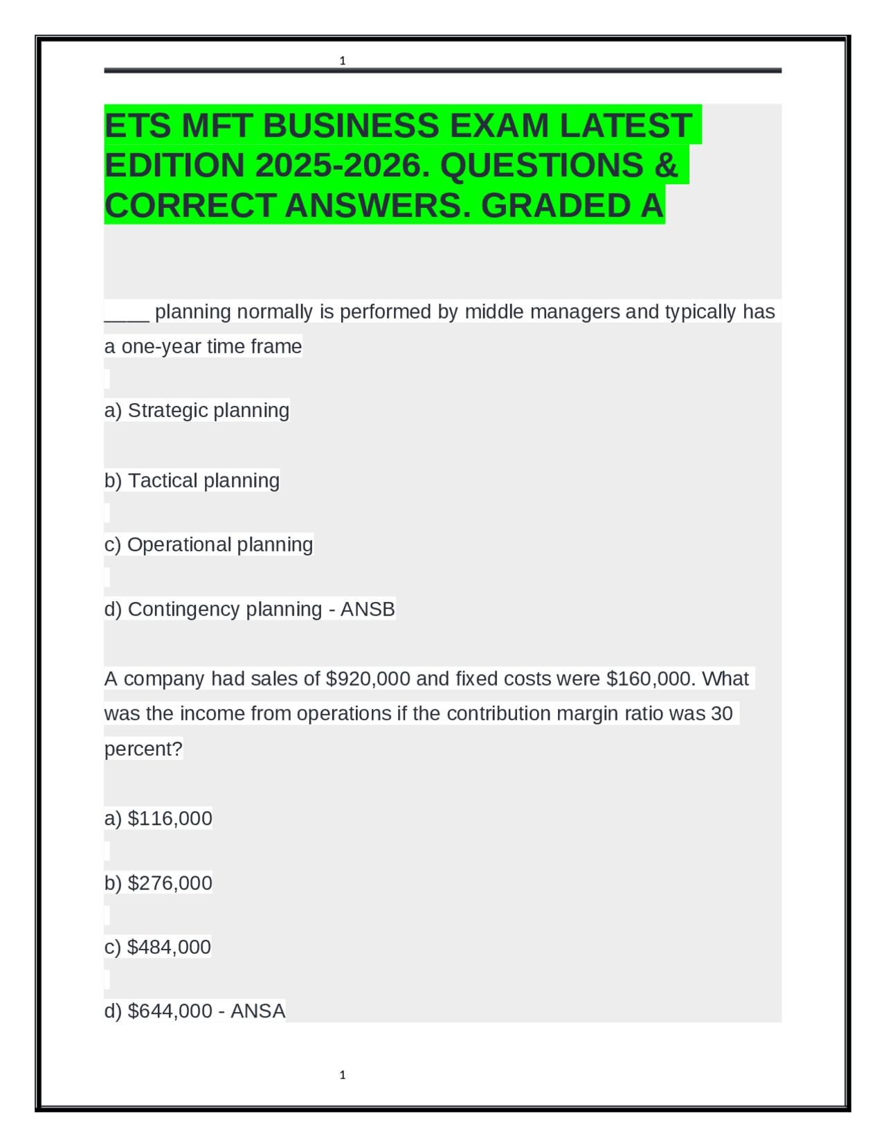 ETS MFT BUSINESS EXAM LATEST EDITION 2025-2026. QUESTIONS & CORRECT ...