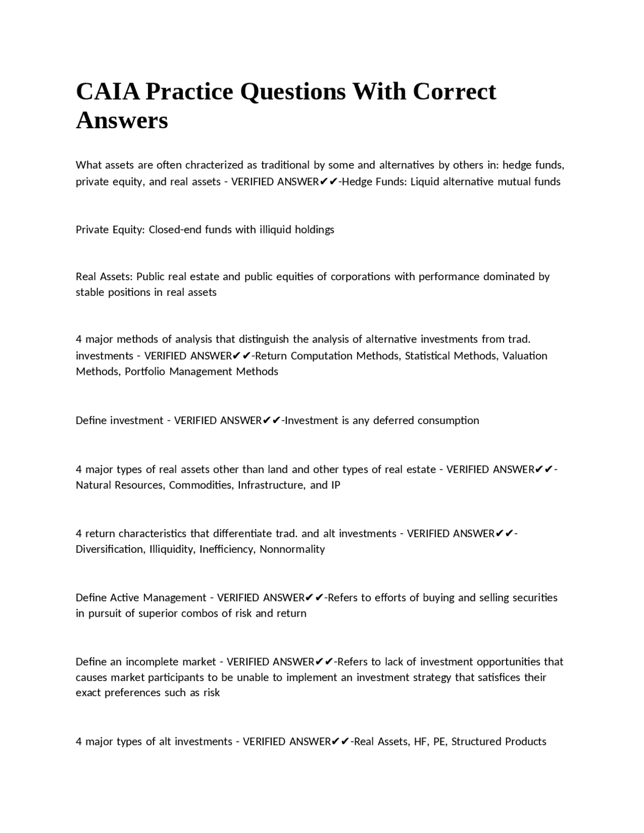 CAIA Practice Questions and Answers: Alternative Investments | Exams ...