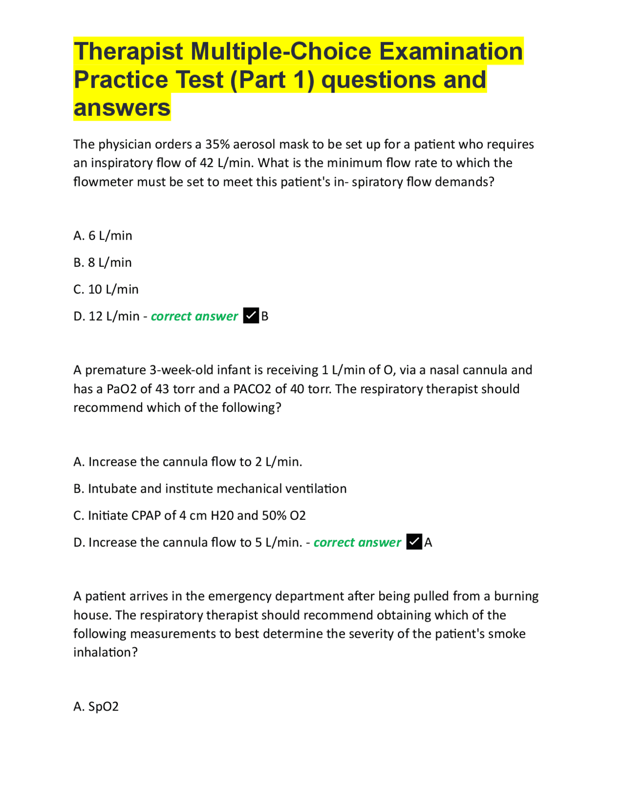 Therapist Multiple-Choice Examination Practice Test (Part 1) questions ...