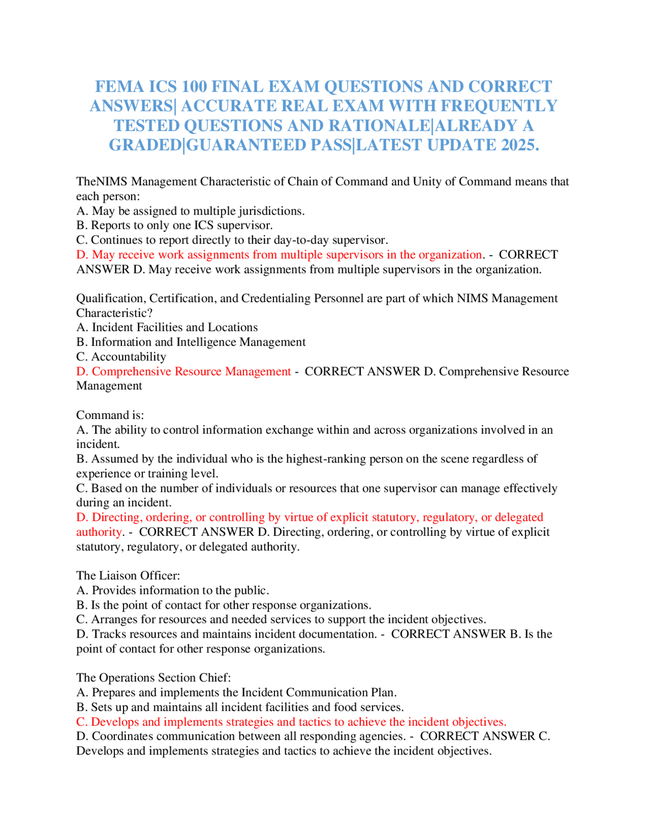 FEMA ICS 100 FINAL EXAM QUESTIONS AND CORRECT ANSWERS| ACCURATE REAL ...