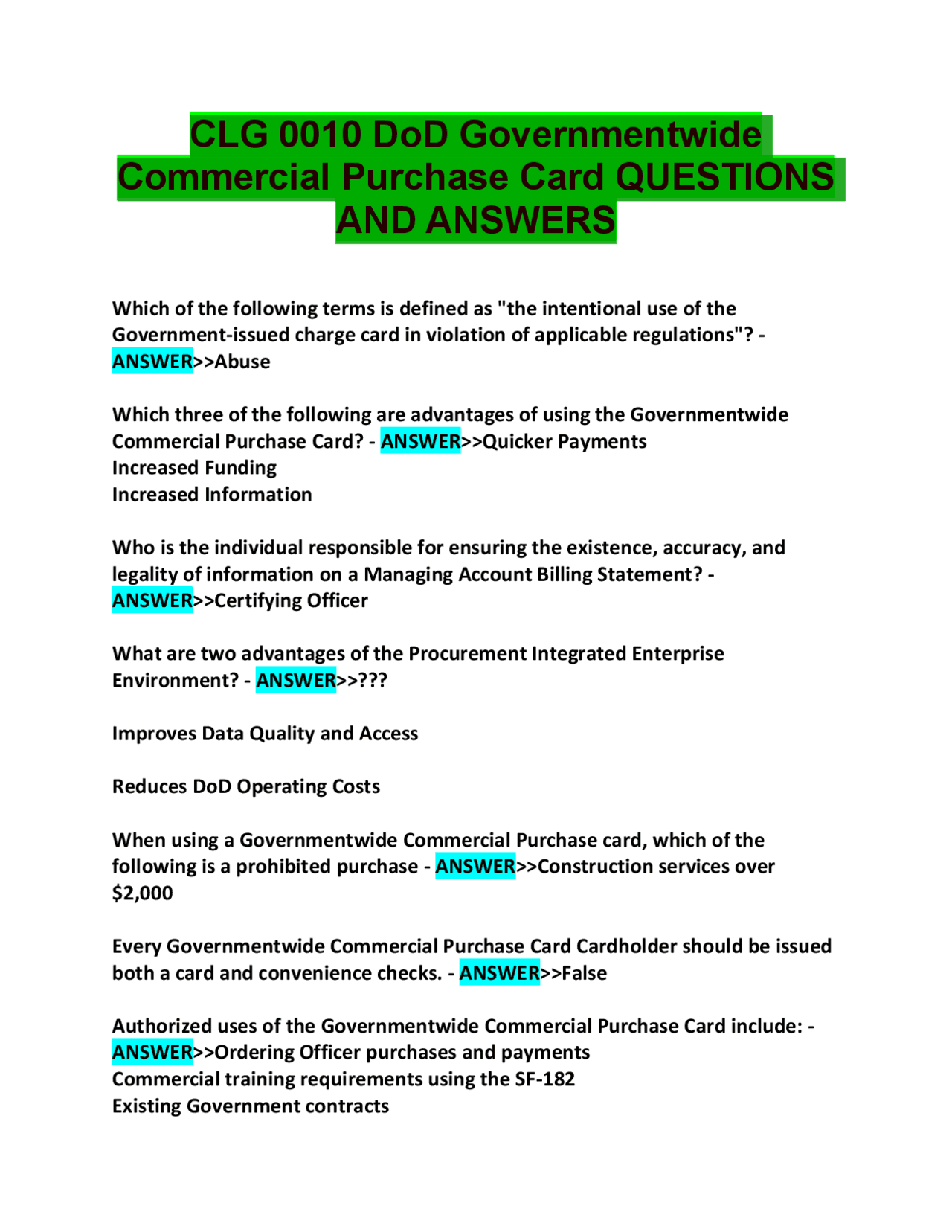 CLG 0010 DoD Governmentwide Commercial Purchase Card QUESTIONS AND ...