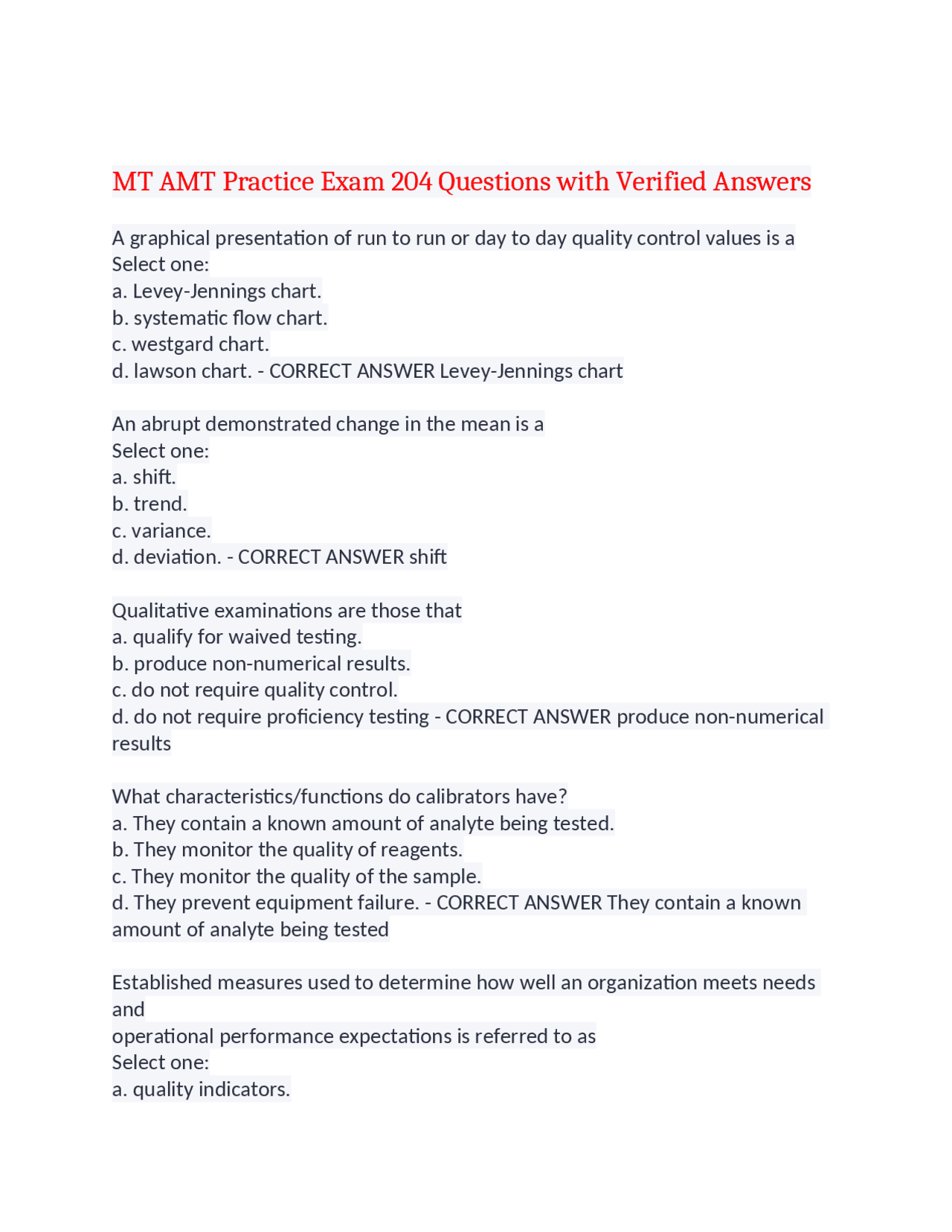 MT AMT Practice Exam 204 Questions with Verified Answers,100% CORRECT | Exams Nursing | Docsity