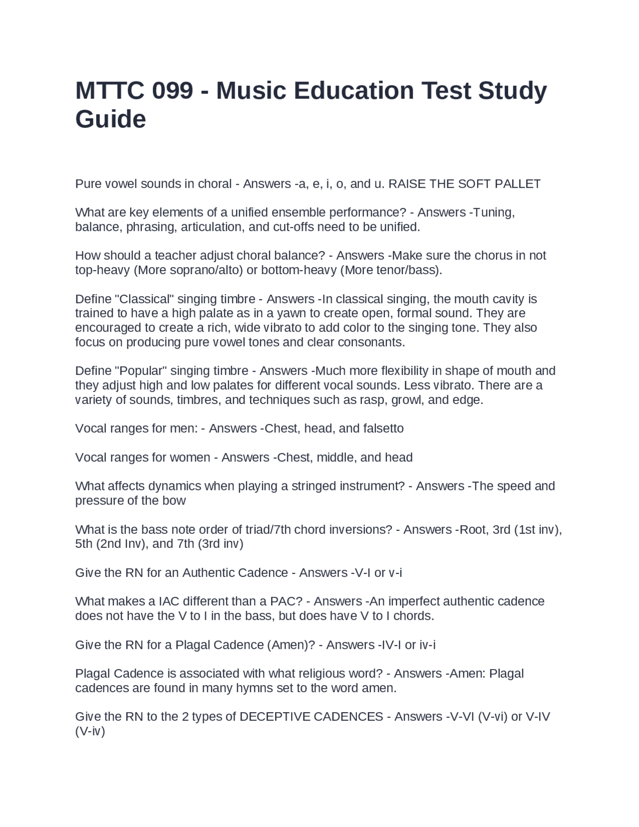 MTTC 099 - Music Education Test Study Guide Questions With Correct ...