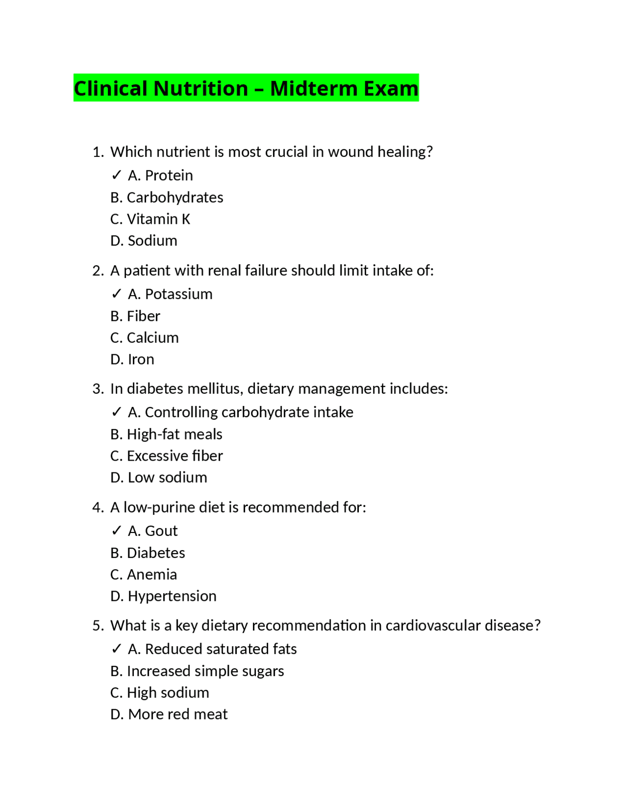 Clinical Nutrition – Midterm Exam | Exams Nutrition | Docsity