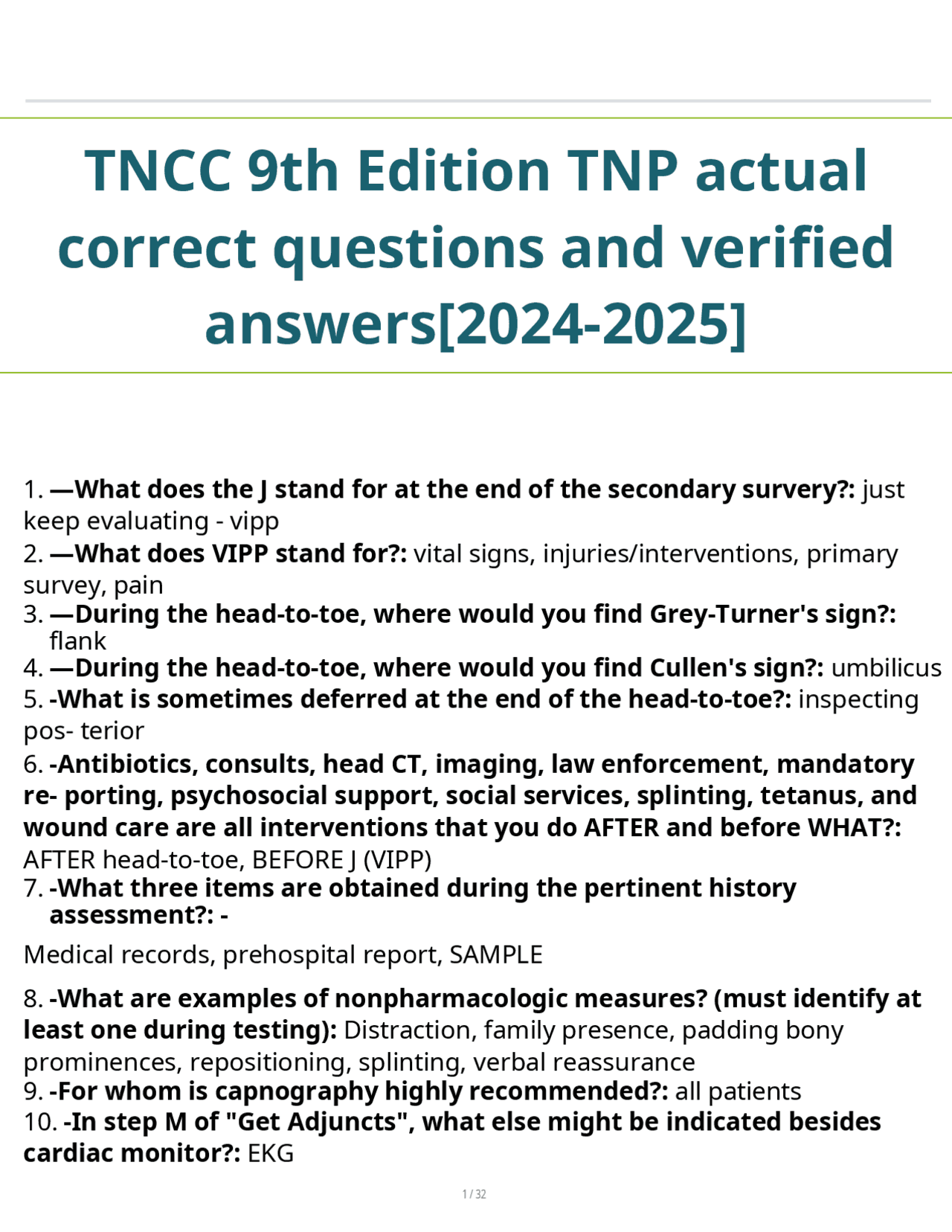 TNCC 9th Edition TNP actual correct questions and verified answers[2024 ...