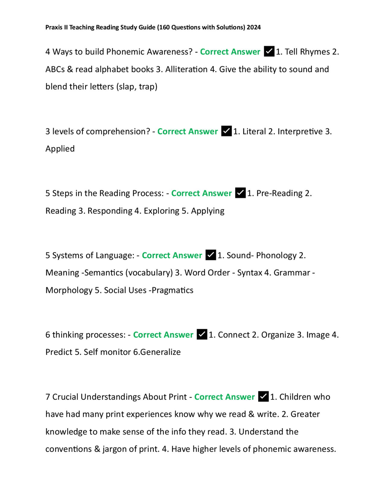 Praxis II Teaching Reading Study Guide: Comprehensive Q&A for Educators | Exams Nursing | Docsity