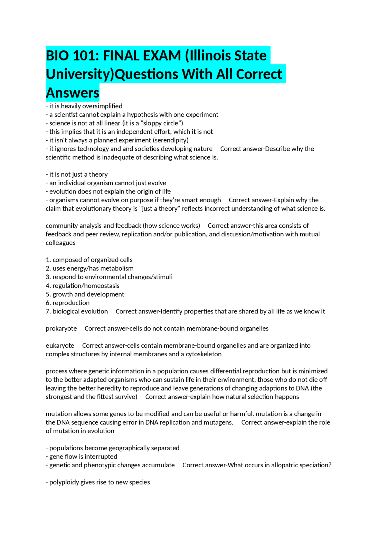 BIO 101 Final Exam Review: Key Biological Concepts | Exams Biology ...