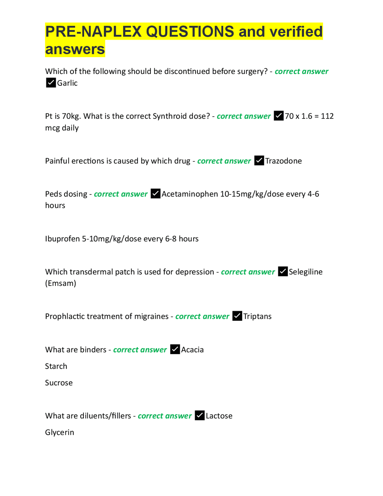 Pre-NAPLEX Pharmacology Questions and Answers | Exams Nursing | Docsity
