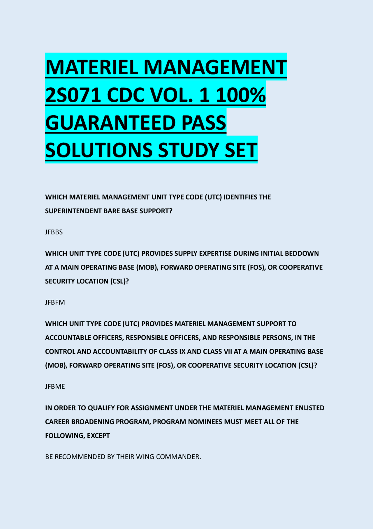 MATERIEL MANAGEMENT 2S071 CDC VOL. 1 100% GUARANTEED PASS SOLUTIONS ...