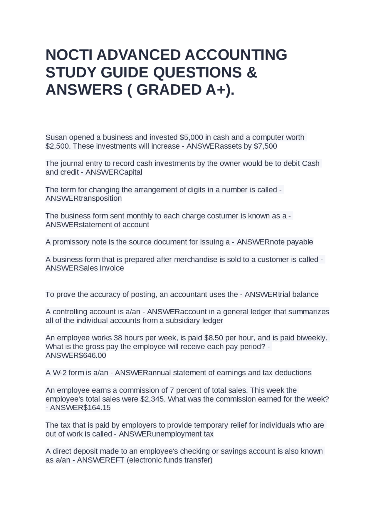 NOCTI ADVANCED ACCOUNTING STUDY GUIDE QUESTIONS & ANSWERS ( GRADED A+ ...