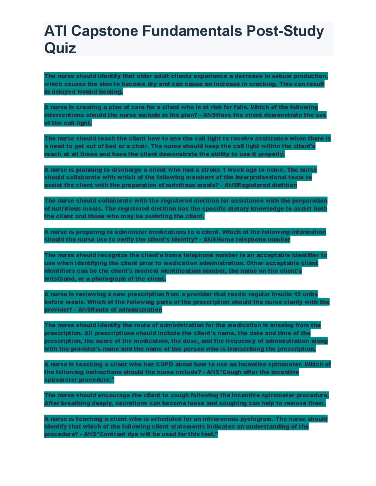 ATI Capstone Fundamentals Post-Study Quiz.pdf | Exams Nursing | Docsity