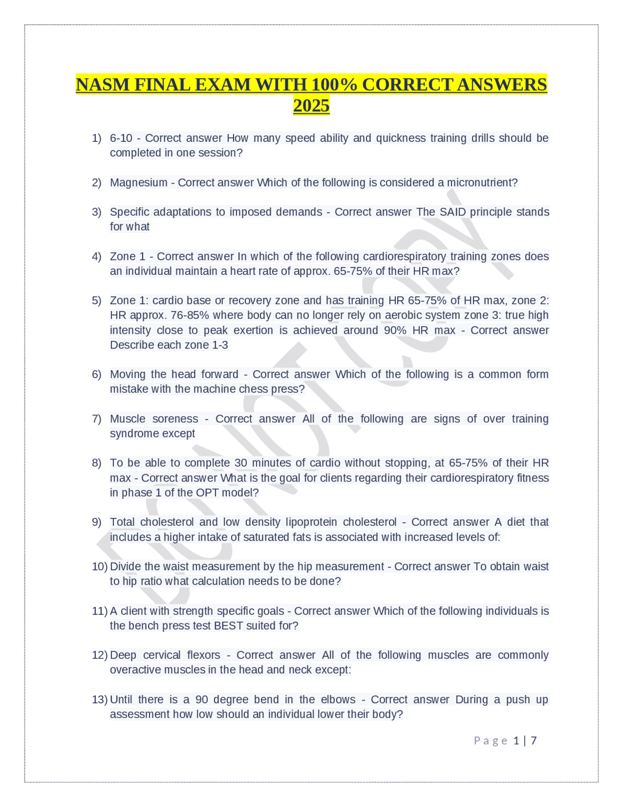 NASM FINAL EXAM WITH 100% CORRECT ANSWERS 2025 | Exams Nursing | Docsity