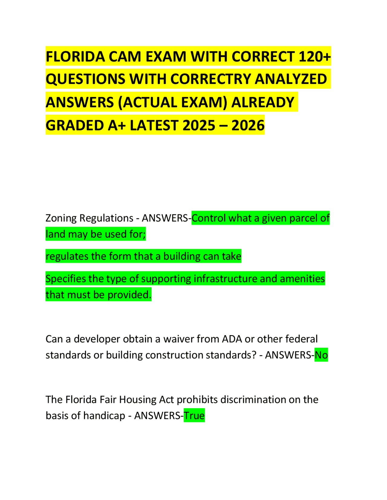 FLORIDA CAM EXAM WITH CORRECT 120+ QUESTIONS WITH CORRECTRY ANALYZED ...