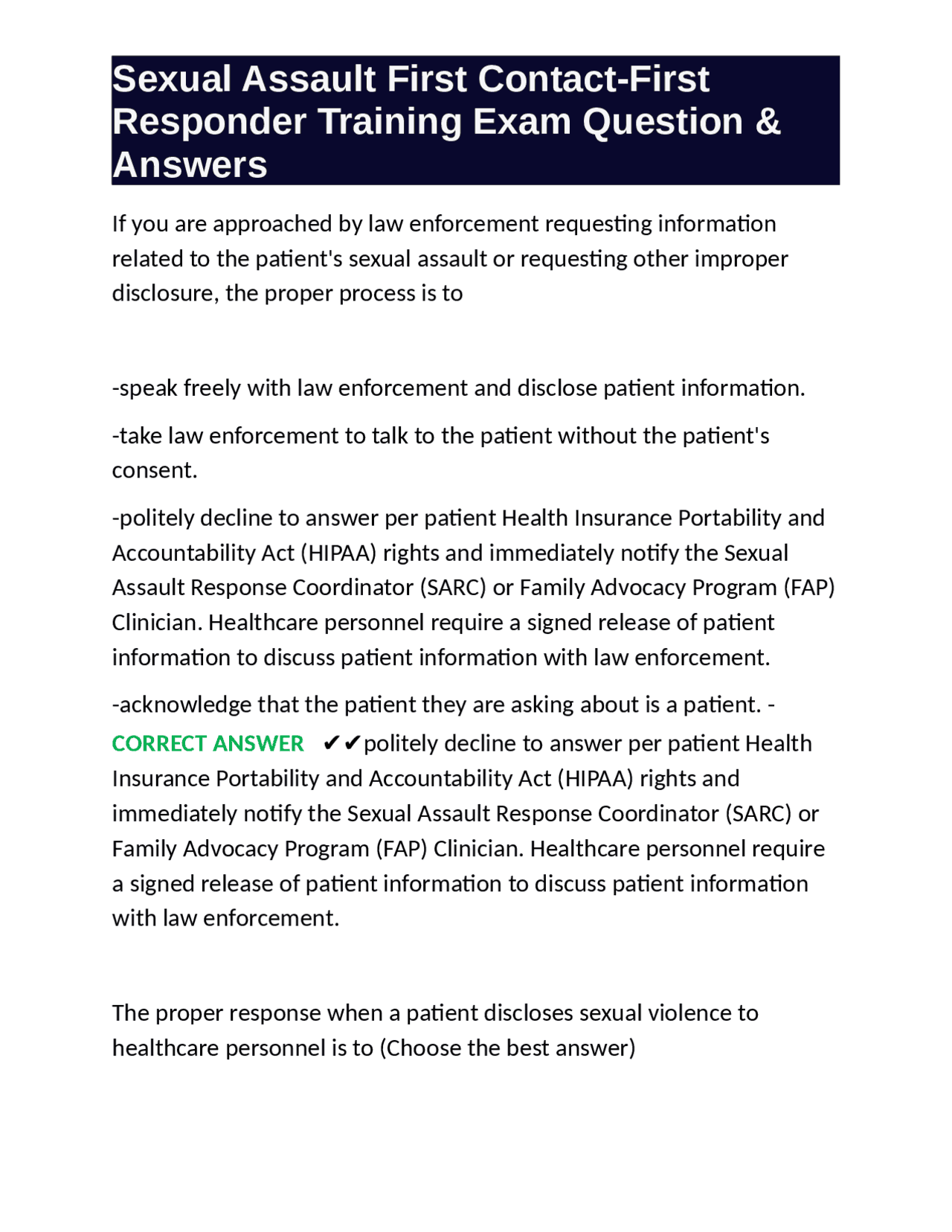 Sexual Assault First Contact-First Responder Training Exam Question ...