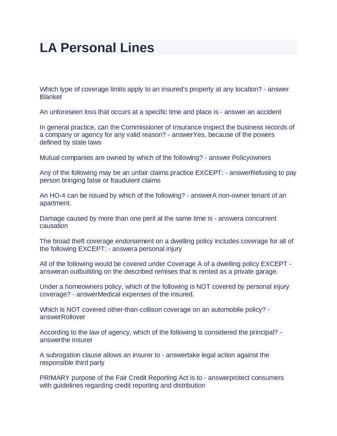 LA Personal Lines Questions and Answers 100% Correct | Exams Advanced ...