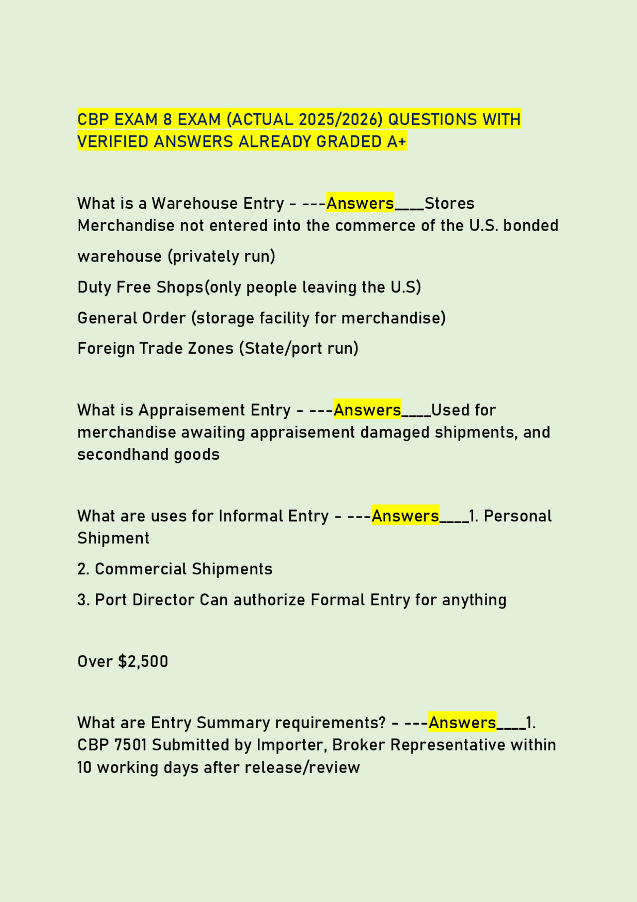 CBP EXAM 8 EXAM (ACTUAL 2025/2026) QUESTIONS WITH VERIFIED ANSWERS ...