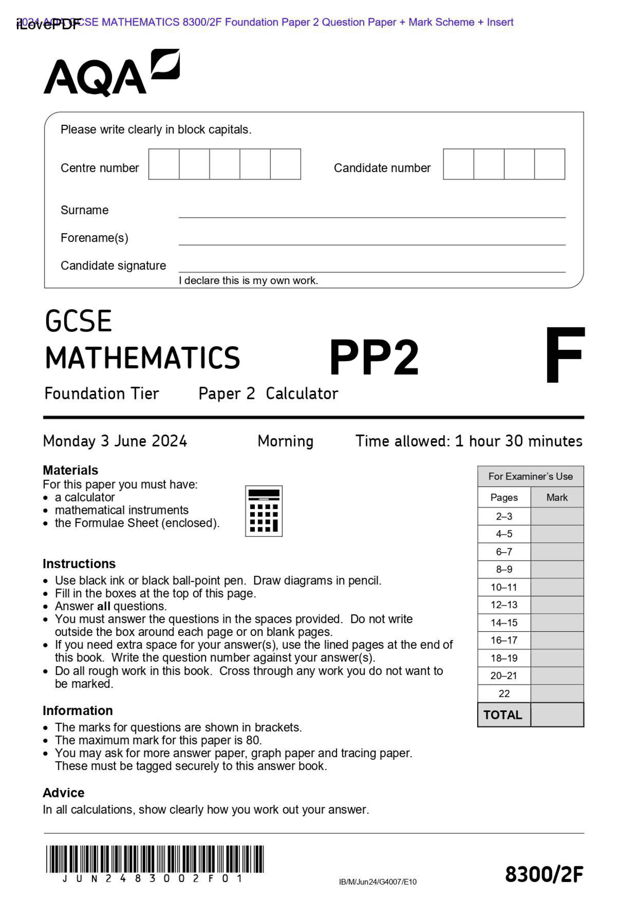 2024 AQA GCSE MATHEMATICS 8300/2F Foundation Paper 2 Question Paper ...